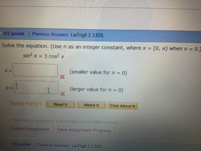 Solved Solve the equation. (Use n as an integer constant, | Chegg.com