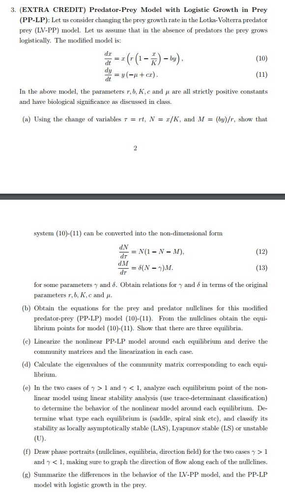 Solved 3. (EXTRA CREDIT) Predator-Prey Model with Logistic | Chegg.com