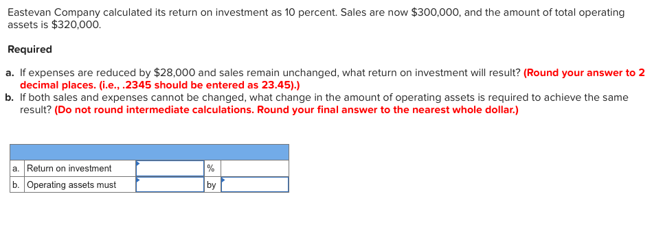Solved Eastevan Company calculated its return on investment | Chegg.com