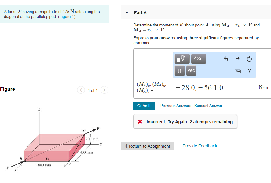 Solved A Force F Having A Magnitude Of 175 N Acts Along The