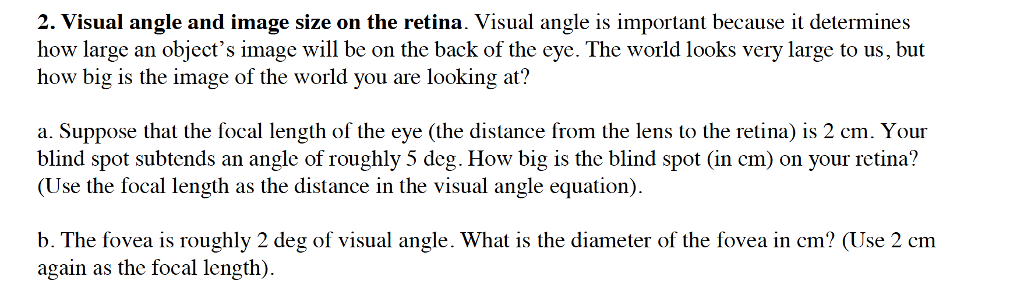 Solved 2. Visual angle and image size on the retina. Visual | Chegg.com