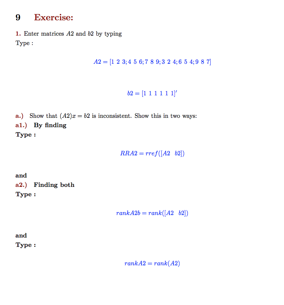 Solved Exercise: 1. Enter matrices A2 and b2 by typing Type: | Chegg.com