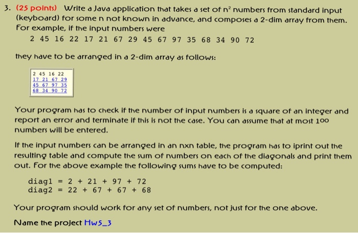 Solved Write a Java application that takes a set of n^2 | Chegg.com