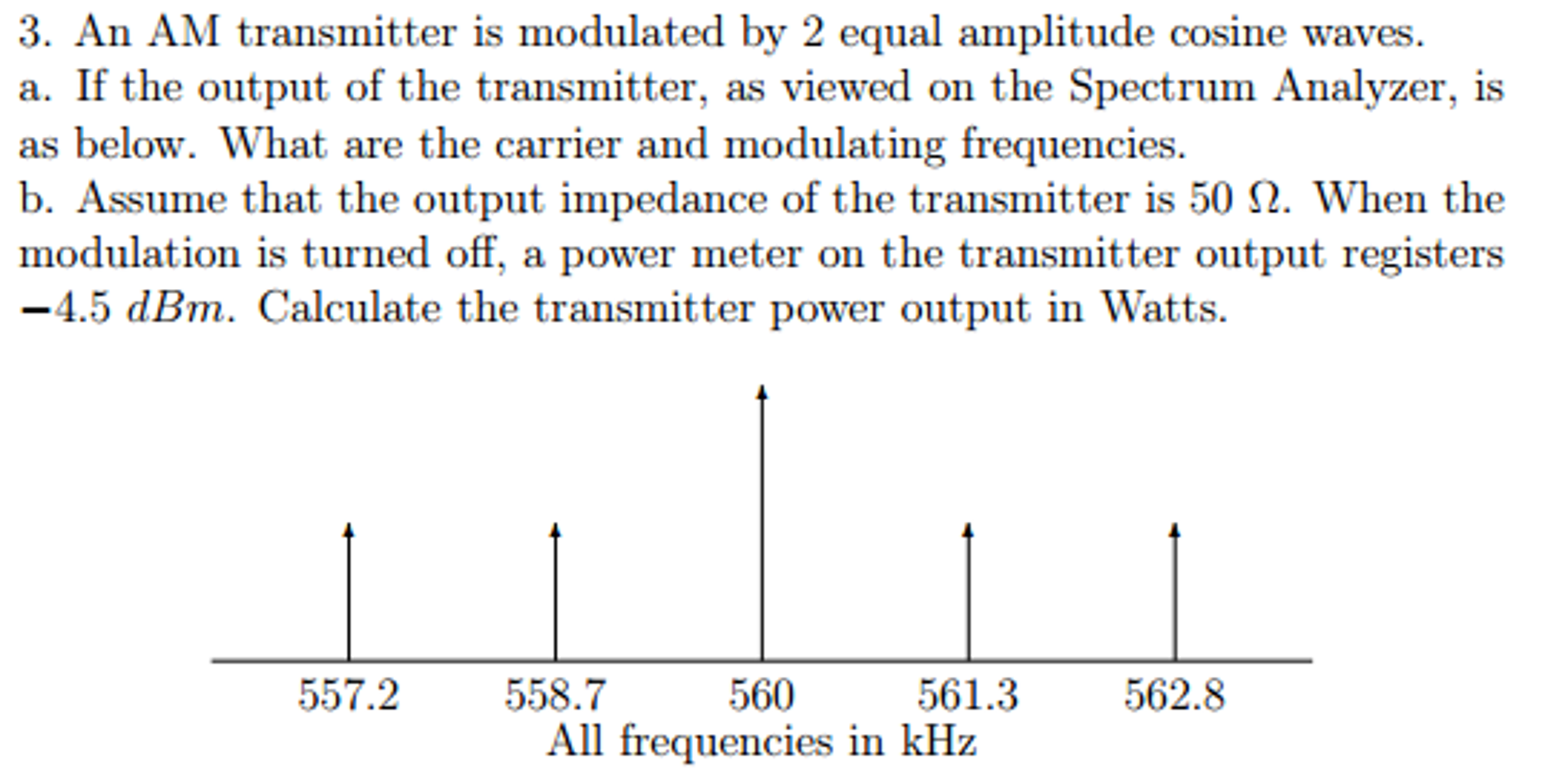 Solved An AM transmitter is modulated by 2 equal amplitude | Chegg.com
