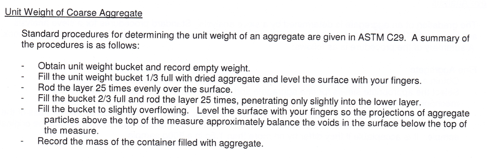 Solved Unit Weight of Coarse Aggregate Standard procedures | Chegg.com