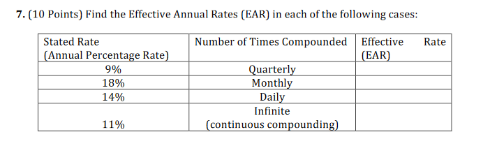 Solved 7.(10 Points) Find the Effective Annual Rates (EAR) | Chegg.com