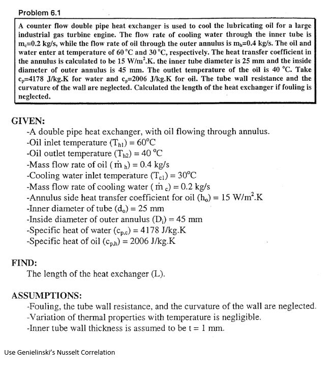 Solved Problem 6.1 A counter flow double pipe heat exchanger | Chegg.com