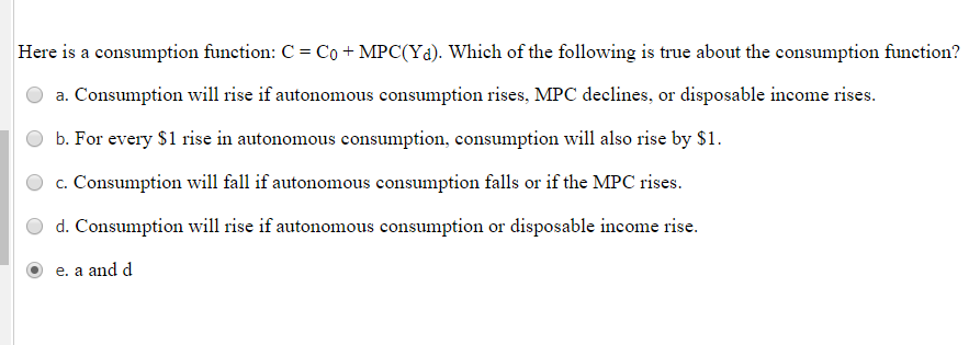 Solved Here is a consumption function: C Co+MPC(Yd). Which | Chegg.com