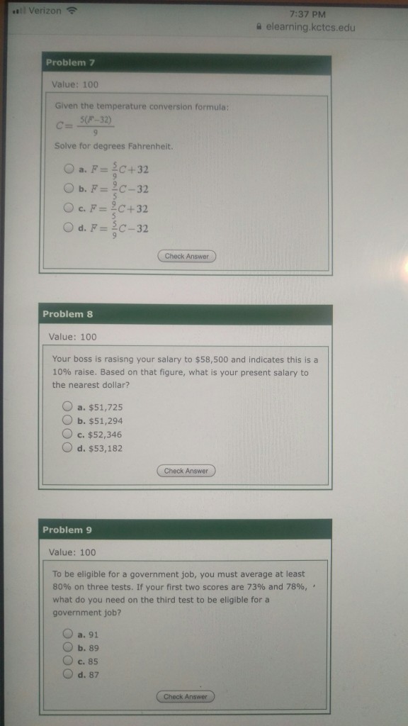 Solved !! Verizon令 7:37 PM a elearning.kctcs.edu Problem 7 | Chegg.com
