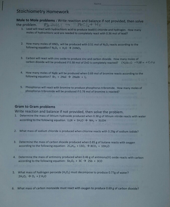 Solved Stoichiometry Homework Mole to Mole problems : Write | Chegg.com