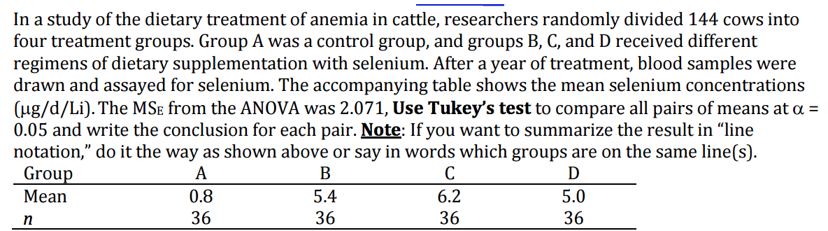 Solved a) Please identify the Tukey value for a=0.05 b) | Chegg.com