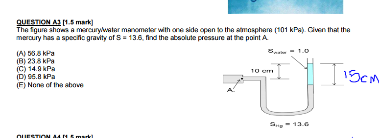 Solved The figure shows a mercury/water manometer with one | Chegg.com