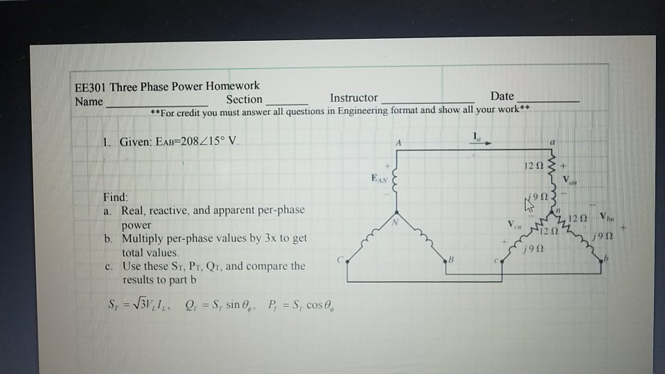 Solved EE301 Three Phase Power Homework Name Section | Chegg.com