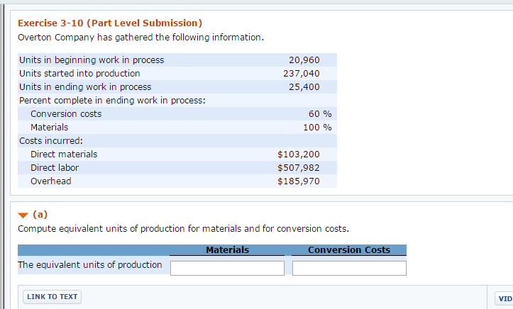Solved Exercise 3-10 (Part Level Submission) Overton Company | Chegg.com