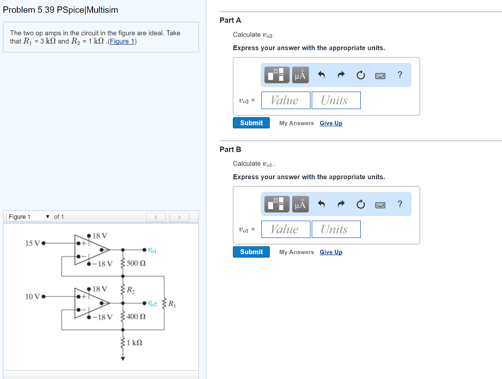 Solved Problem 5.39 PSpice Multisim Part A The two op amps | Chegg.com
