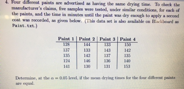 Solved Four Different Paints Are Advertised As Having The Chegg