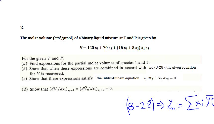 The molar volume (cm^3/gmol) of a binary liquid | Chegg.com