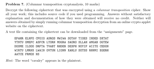 Problem 7. (Columnar transposition cryptanalysis, 10 | Chegg.com