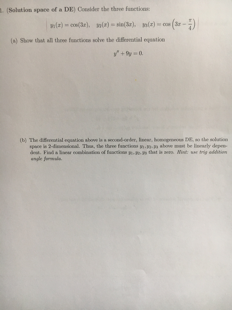 Solved 1. Consider the three functions: y1(x) = cos(3x), | Chegg.com