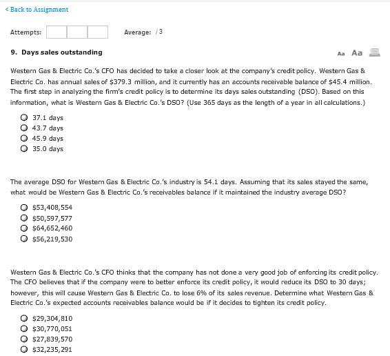 Solved Back to Assignment Attempts: Average: 3 9. Days sales | Chegg.com