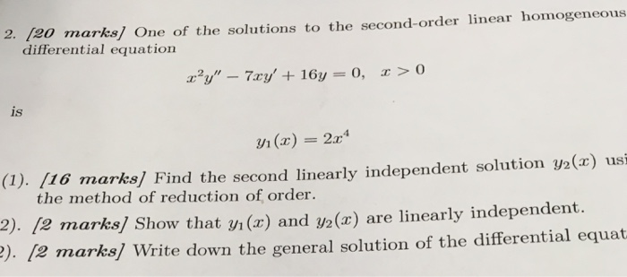 Solved One of the solutions to the second-order linear | Chegg.com