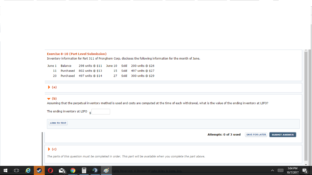 Solved Exercise 8-10 (Part Level Submission) Inventory | Chegg.com
