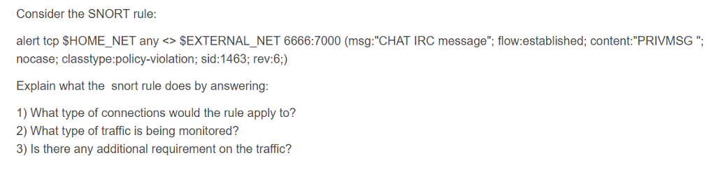 Consider the SNORT rule: alert tcp SHOME_NET any | Chegg.com
