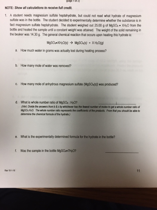Solved A student needs magnesium sulfate heptahydrate, but | Chegg.com