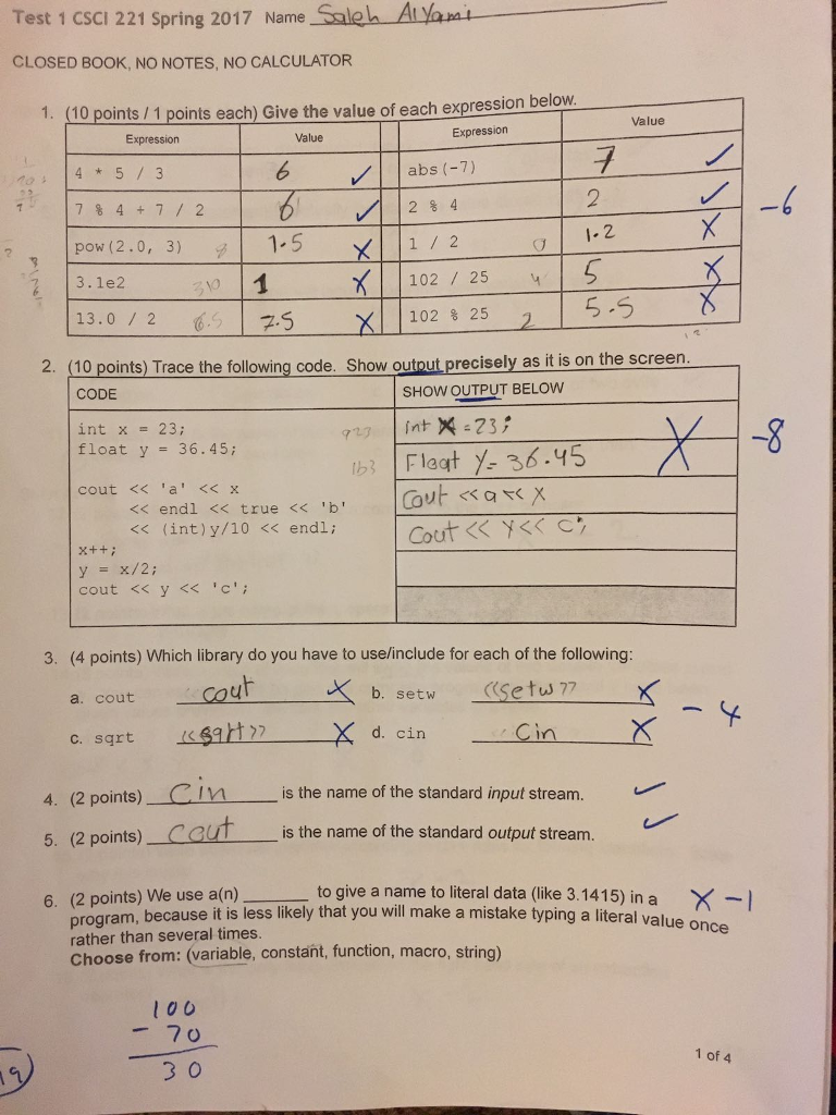 Solved Test 1 Csci 221 Spring 2017 Name Saleb Aa Closed 