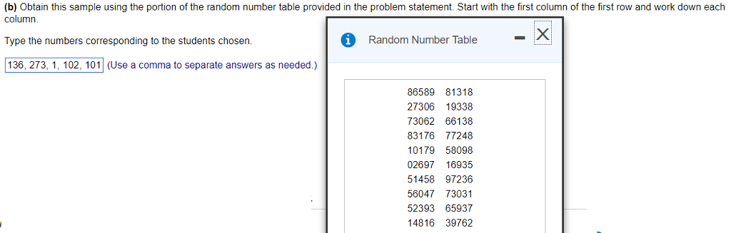 (b) Obtain this sample using the portion of the | Chegg.com