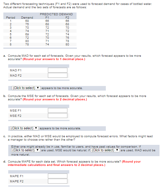 Solved Two different forecasting techniques (F1 and F2) were | Chegg.com
