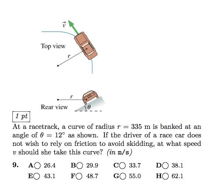 Solved Top view Rear view - 1 pt At a racetrack, a curve of | Chegg.com
