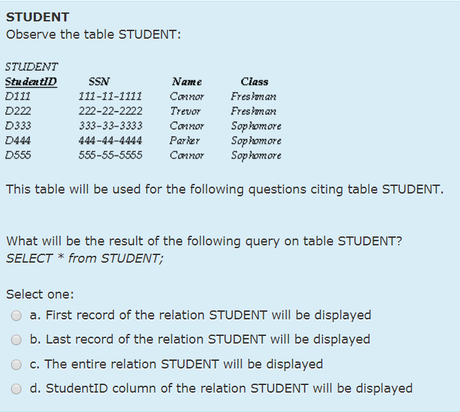 Solved STUDENT Observe the table STUDENT: STUDENT StudentHD | Chegg.com