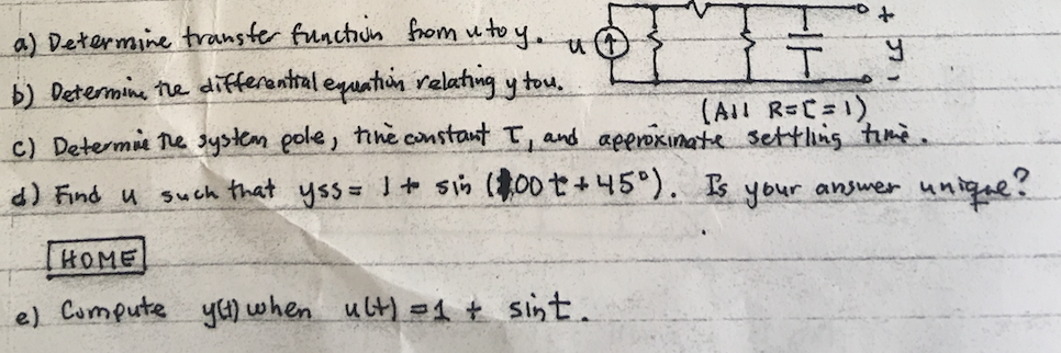 Solved A) Determine transfer function from u to y. b) | Chegg.com