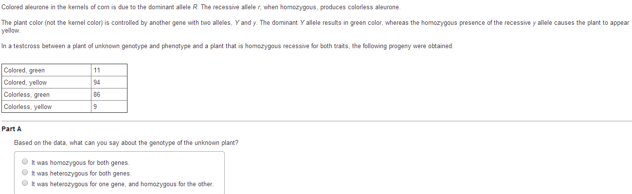 Solved Colored aleurone in the kernels of corn is due to the | Chegg.com