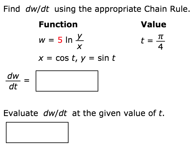 Solved Find dw/dt using the appropriate Chain Rule.Evaluate | Chegg.com