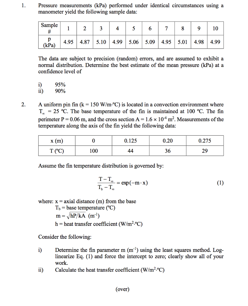 Solved l. Pressure measurements (kPa) performed under | Chegg.com