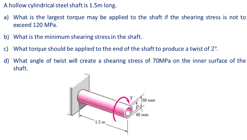 Solved A hollow cylindrical steel shaft is 1.5m long a) What | Chegg.com
