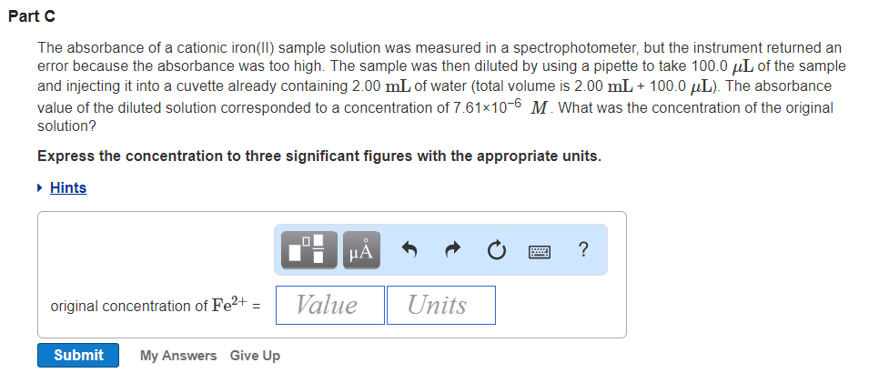 Solved Part C The absorbance of a cationic iron(Il) sample | Chegg.com