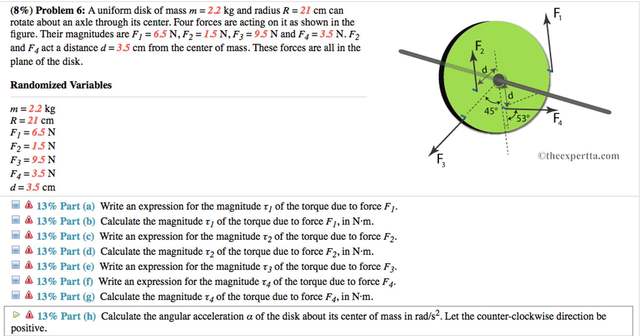 Solved A uniform disk of mass m = 22 kg and radius R = 21 cm | Chegg.com