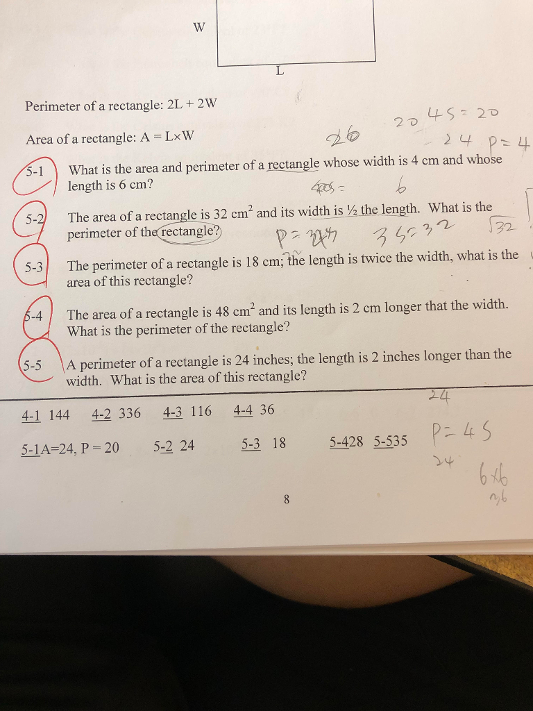 Solved Perimeter of a rectangle: 2L+2W 2つ4s-20 Area of a | Chegg.com