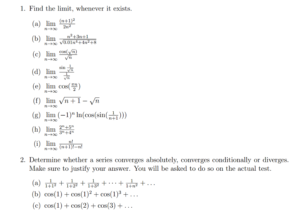 Solved 1. Find the limit, whenever it exists. a) lim (n+1)2 | Chegg.com