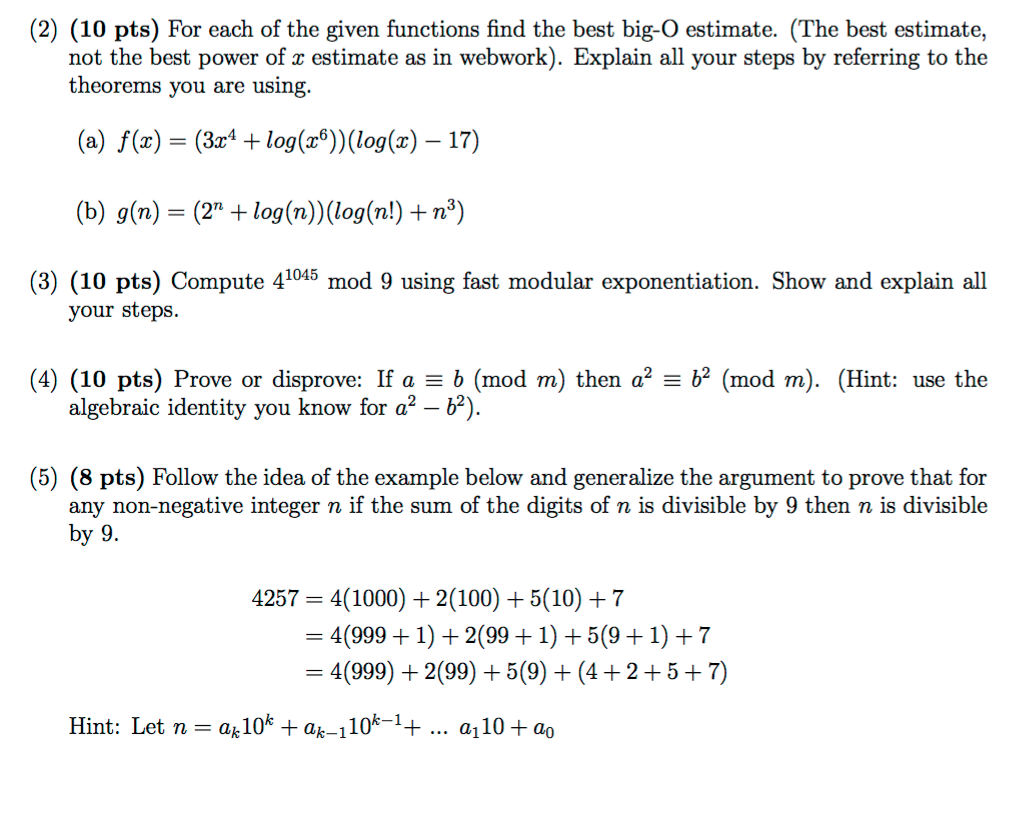 Solved For each of the given functions find the best big-O | Chegg.com