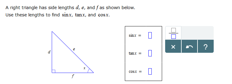 Solved A right triangle has side lengths d, e, and fas shown | Chegg.com