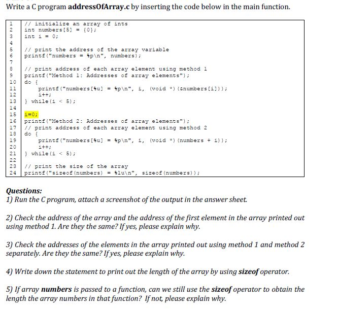 Solved Write a C program addressOfArray.c by inserting the | Chegg.com