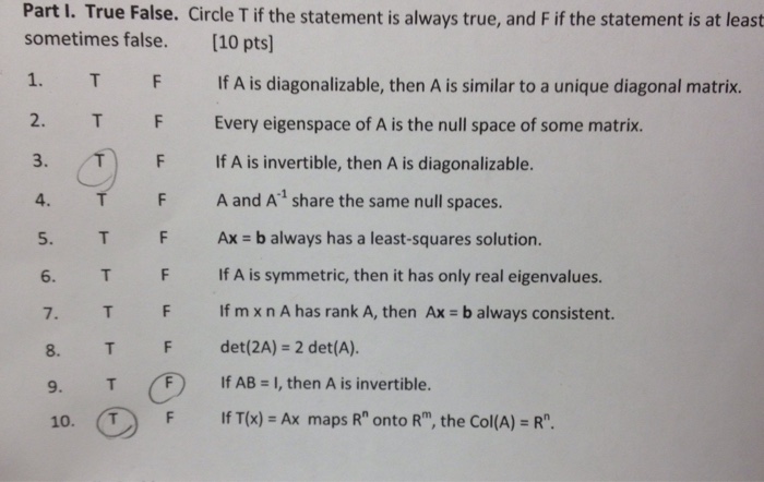 Solved Circle T if the statement is always true, and F if | Chegg.com