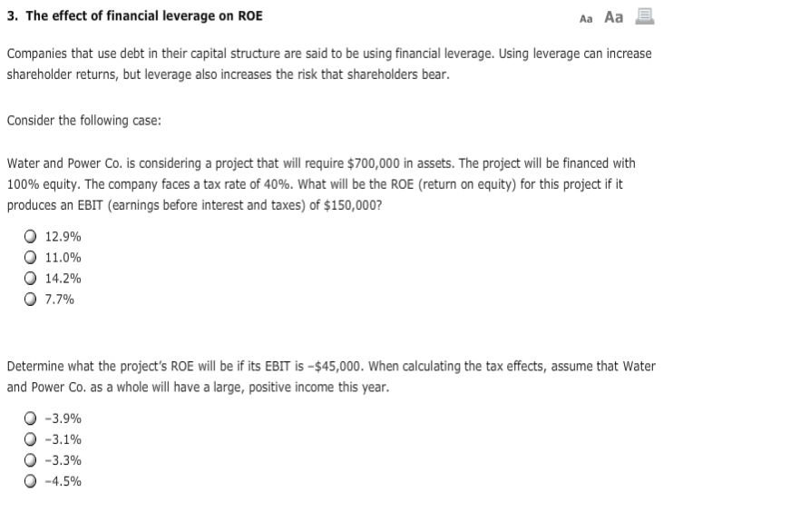 Solved Aa Aa E 3. The effect of financial leverage on ROE | Chegg.com Solved Aa Aa E 3. The effect of financial leverage on ROE | Chegg.com