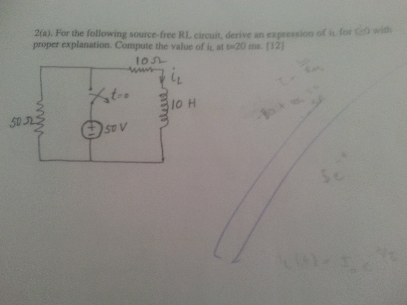 For the following source-free RL circuit, derive an | Chegg.com