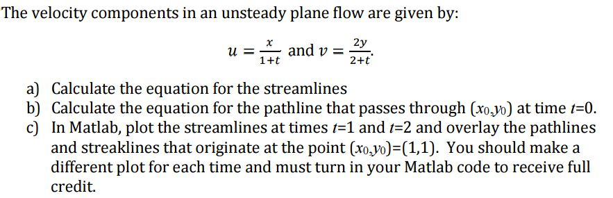 Solved The velocity components in an unsteady plane flow are | Chegg.com
