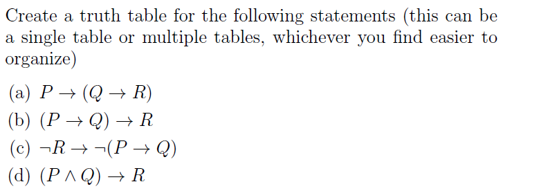 Solved Create a truth table for the following statements | Chegg.com